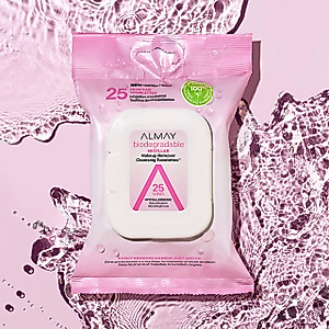 Almay Makeup Remover Cleansing Towelettes, Biodegradable Micellar Water Wipes for Sensitive Skin, Hypoallergenic, Cruelty Free, Fragrance Free, 25 Count