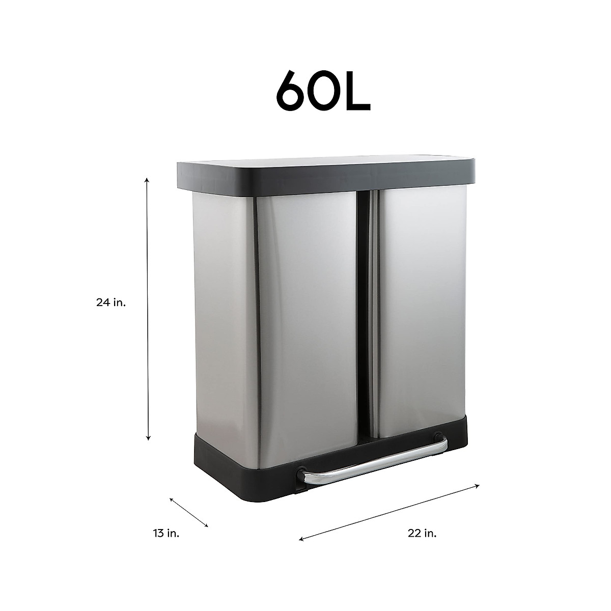 Organize It All Neu Home 60 L Dual Compartment Recycling Bin | Dimensions: 22.8" x 13.8" x 24.4" | Dual Compartment | Finger Print Proof | Removeable Liners | Grey | Kitchen Accessories