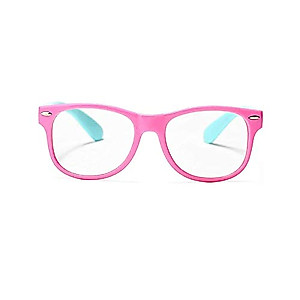 Bouryo Kids Blue Light Blocking Glasses, Fake Eyeglasses for Girls Boys Age 3-12 (Pink+Pink/Green)
