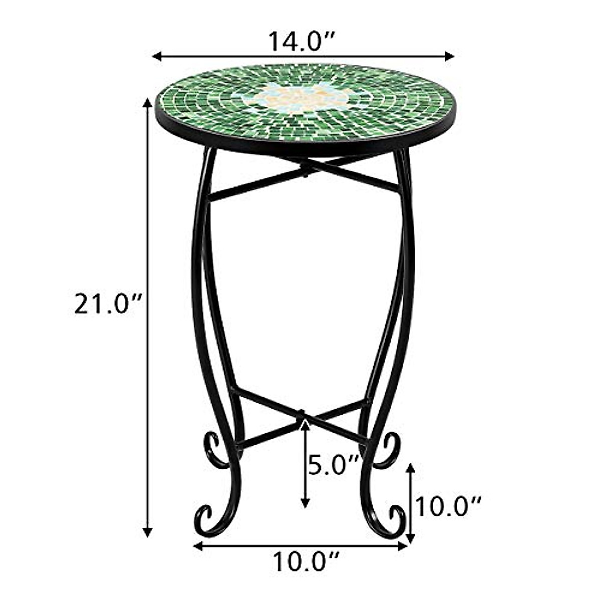 GRAFFY Outdoor Mosaic Side Table, 14 Inch Patio End Table, Round Printed Glass Table with Steel Frame for Garden/Yard/Lawn/Balcony and Home Decor Small End Table (Green)
