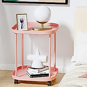 villertech Side Table with Wheels, End Table Living Room Plastic Mobile Sofa Side Table Small Night Stand Bedroom Pink
