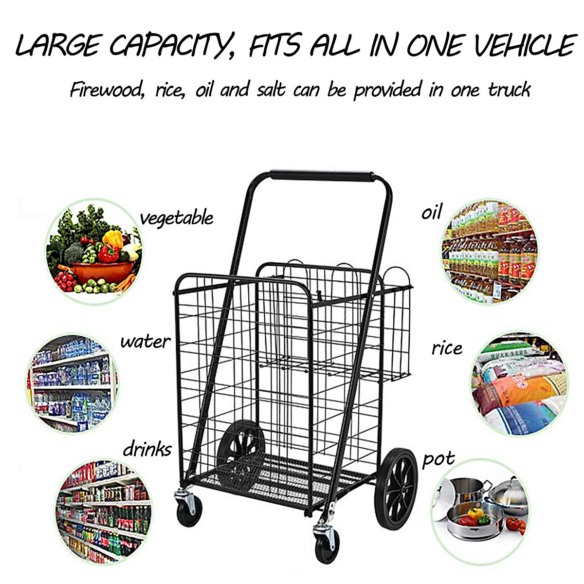 Shopping Cart for Groceries, Folding Grocery Cart with 360° Swivel Wheels & Double Basket, Portable Heavy Duty Utility Cart for Shopping/Laundry-Hold up to 440 Lbs
