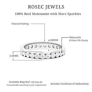 Rosec Jewels Certified Moissanite Full Eternity Ring for Women, 2.25 CT, D-VS1 Quality, Diamond Moissanite Wedding Band, 14K White Gold, Size:US 8.50