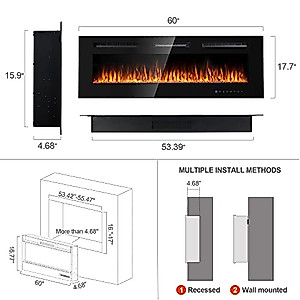 MEPTY 60" Electric Fireplace, Recessed and Wall Mounted Fireplace Insert, Fireplace Heater and Linear Fireplace with Remote Control, Timer, Adjustable Flame Color & Speed, Log Set & Crystal, Black