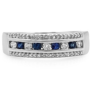 Dazzlingrock Collection 14K Round Blue Sapphire & White Diamond Women Anniversary Band, White Gold, Size 6