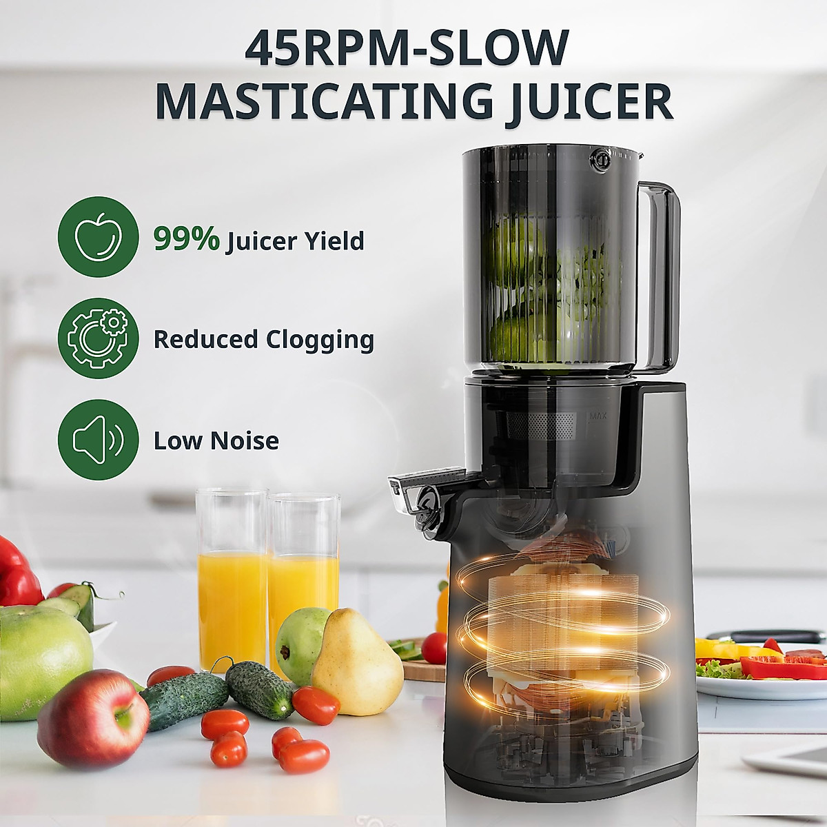 Larinest Slow Masticating Juicer Machines Cold Press Juicer Machines with 4" Wide Chute Pure Juicer Machine for Vegetables and Fruits,Reverse Function,NO BPA,JC01,Grey
