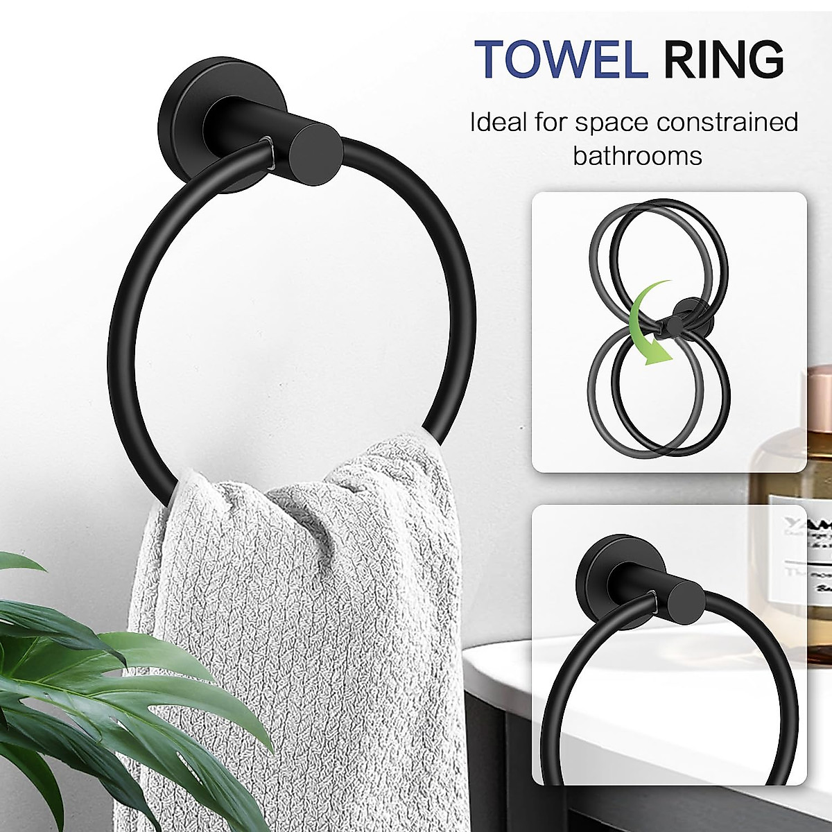 Black Bathroom Hardware Towel Holder 5 Pieces,Matte Towel Racks for Bathroom Set includes 15"-24.5" retractable Towel Bar,Towel Ring,Toilet Paper Holder,Robe Towel Hooks