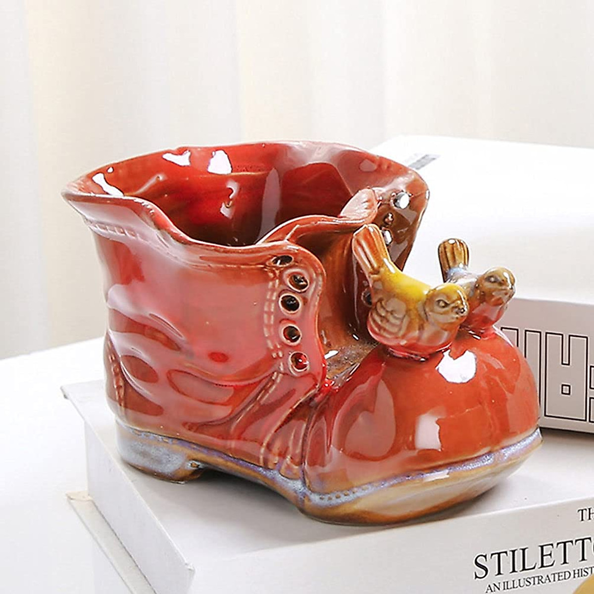 Ceramic Boot Planter Plant Pot Vase Planter with Bird Figurines Bonsai Pot Flower Pot Succulent Planter Multi Pot(Color Random)