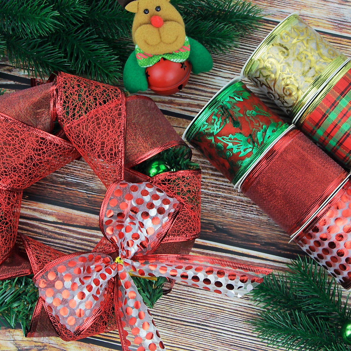 VATIN Christmas Ribbon,Wired Holiday Party Ribbons Assorted Plaid Dot Holly Patterns Decorations, Swirl Sheer Glitter Ribbon 36 Yards (2.5" Width x 6Yard Each Roll) - Classical