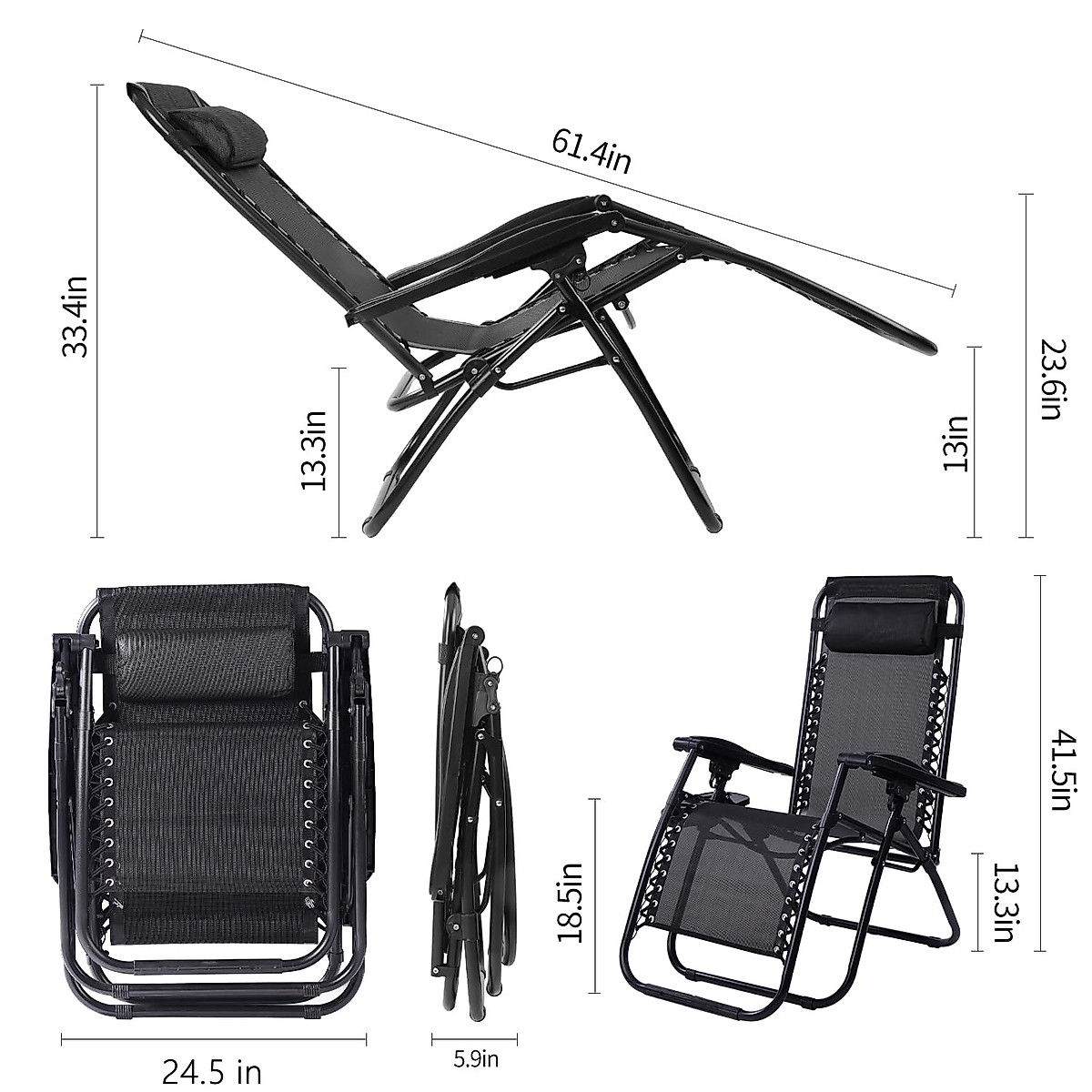 VTOY Zero Gravity Folding Reclining Lounge Chair with Pillow,Adjustable Reclining Patio Chairs,Side Table for Home/Office/Camping/Pool Yard with Cup Holder (Black)