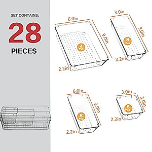 Byomostor 28PCS Clear Plastic Drawers Organizer in 4 Sizes, Ultimate Storage Bins for Bathroom, Vanity, Junk Drawer, Office - Store Makeup, Jewelries, Supplies, and Tools with Ease