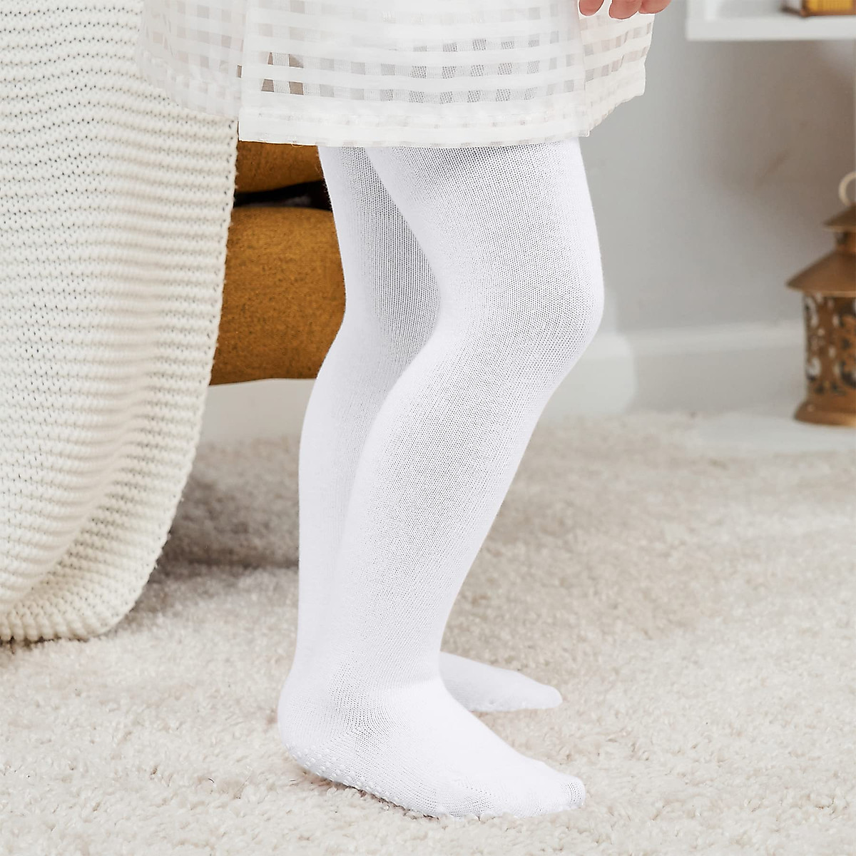 Zando Baby Tights for Girls Non Slip Grip Soft Comfortable Cotton Pantyhose Infant Seamless Leggings Toddler Thick Solid Knit Socks Warm Cute Baby Newborn Infant Stockings White L