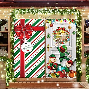 WovWeave 2 Pcs Christmas Door Cover Merry Christmas Front Door Hanging Banner 71 x 35 Inch Xmas Gifts Box and Elves Delivering Gifts Backdrop Door Cover for Holiday Indoor Outside Party Supplies