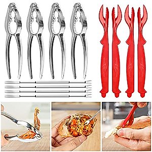 12 Piece Seafood Tools Set Nut Cracker Crab Lobster Set, includes 4 Stainless Steel Crab Cracker, 4 Crab Leg Forks Pick, 4 Opener Shellfish Lobster Leg Sheller, Perfect for kitchen, Party, Picnics