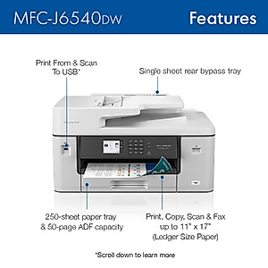 Brother MFC-J6540DW White Business Color Inkjet All-in-One Printer – Print, scan, Copy or fax up to 11”x17 (Ledger) Size Paper