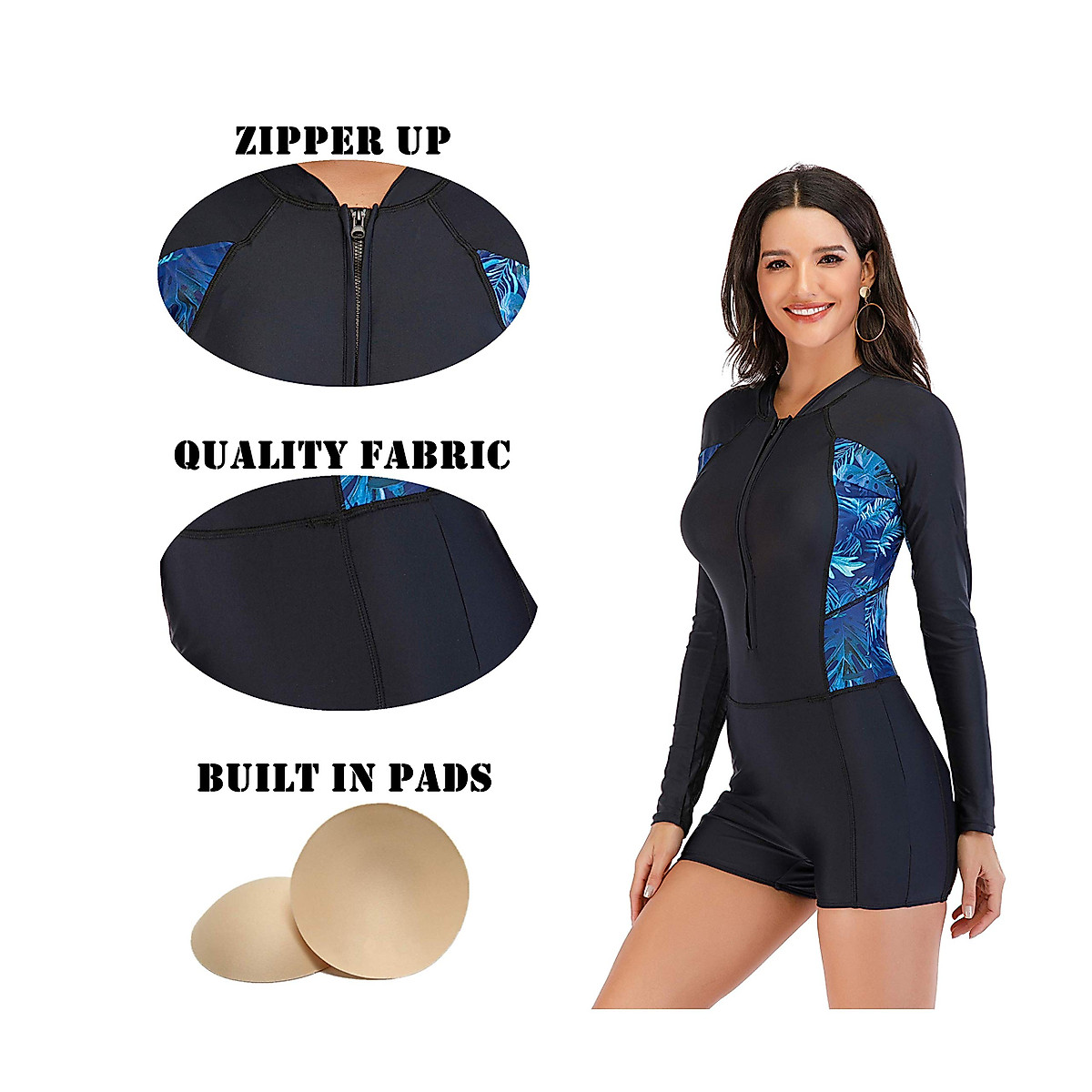 Women UV Protection Surfing Suit Boyleg One Piece Swimsuit Long Sleeve Rash Guard Surfing Swimsuit Swimwear Bathing Suit Black Blue