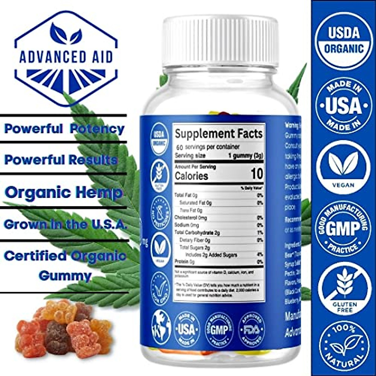 Advanced Aid: Certified Organic Natural Premium Formula Hemp Gummies 180,000mg - Big Gummies with Pure Hemp Oil - Made in The USA (60 Gummies) Read Description