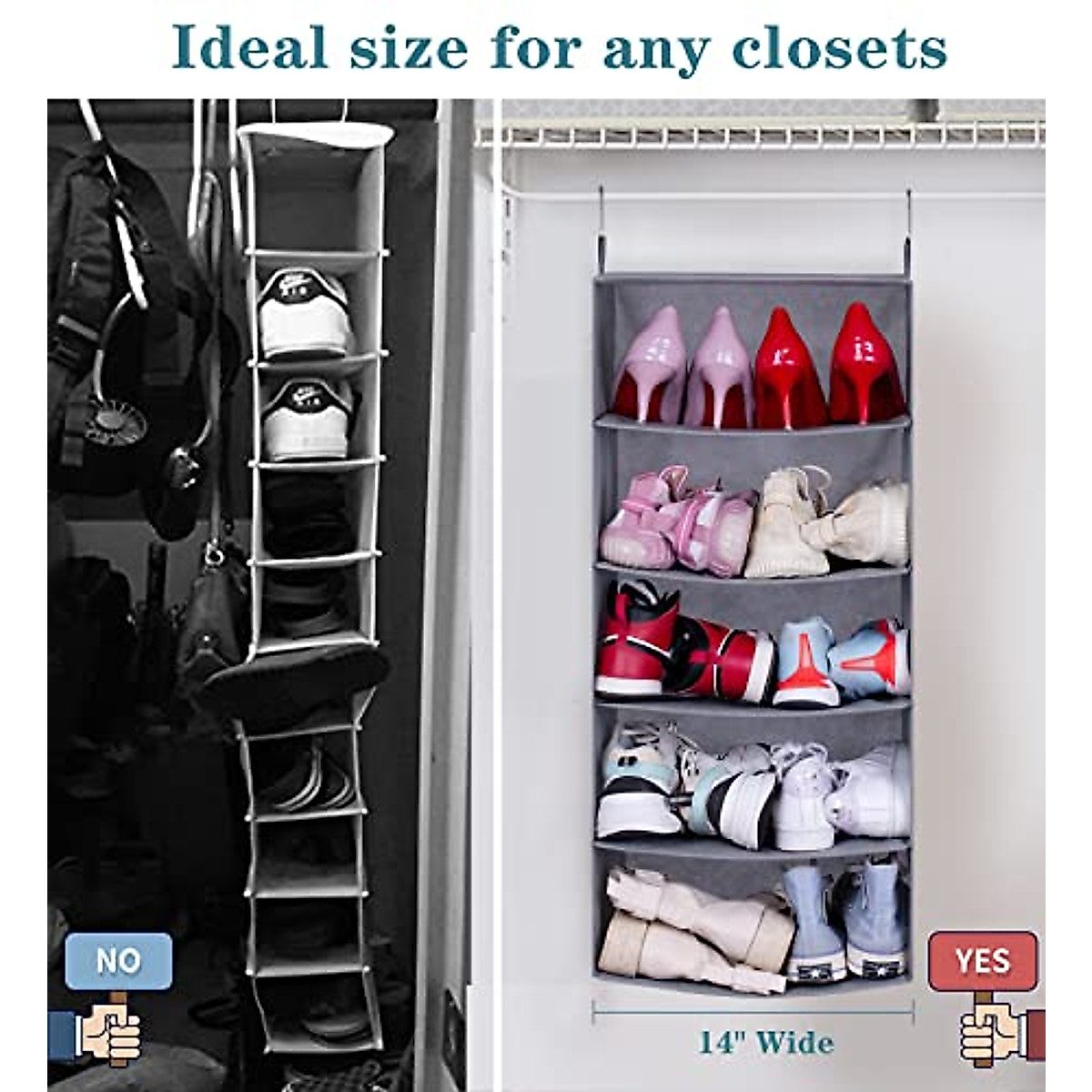 KEETDY Hanging Shoe Organizer to Store 10 Pairs Shoes 5- Shelf Shoe Rack for Closet for Small Space Storage Bedroom, Dorm, Grey