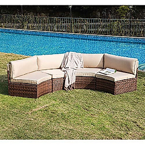 SUNSITT 4-Piece Outdoor Half-Moon Sectional Wicker Sofa Set Patio Furniture, Brown PE Rattan and Beige Cushions