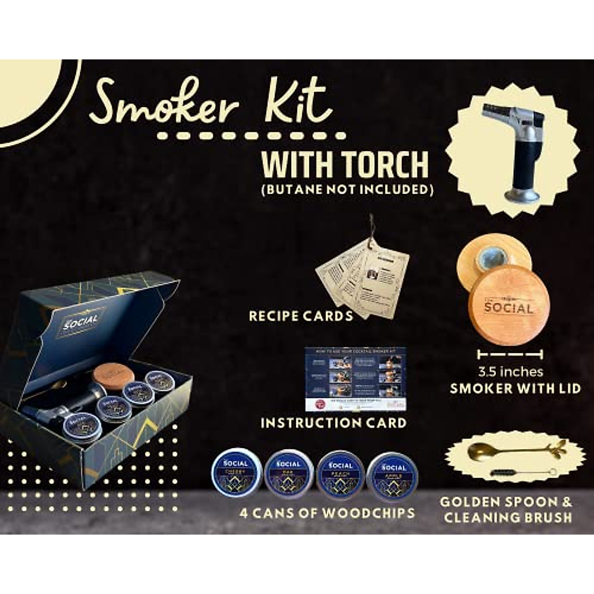 THE SOCIAL Cocktail Smoker Kit - with Torch and Wood Chips for Whiskey, Bourbon, Old Fashioned, Manhattan, infuse your favorite cocktails and wine. Perfect for entertaining and gifting!
