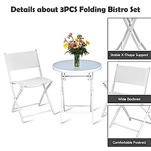 Tangkula 3 Pieces Folding Patio Bistro Set, No Assembly Required, Outdoor Folding Chairs & Table Set with Tempered Glass Tabletop, Outdoor Furniture Set for Garden, Poolside & Backyard (White)