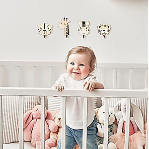 4 Pcs Safari Animal Wall Hooks Decorative Wall Hooks Kids Wall Hooks Decorative Wooden Jungle Animal Wall Hooks Animal Nursery Hooks Wood Giraffe Lion Hanger for Nursery Bathroom Bedroom Home Decor