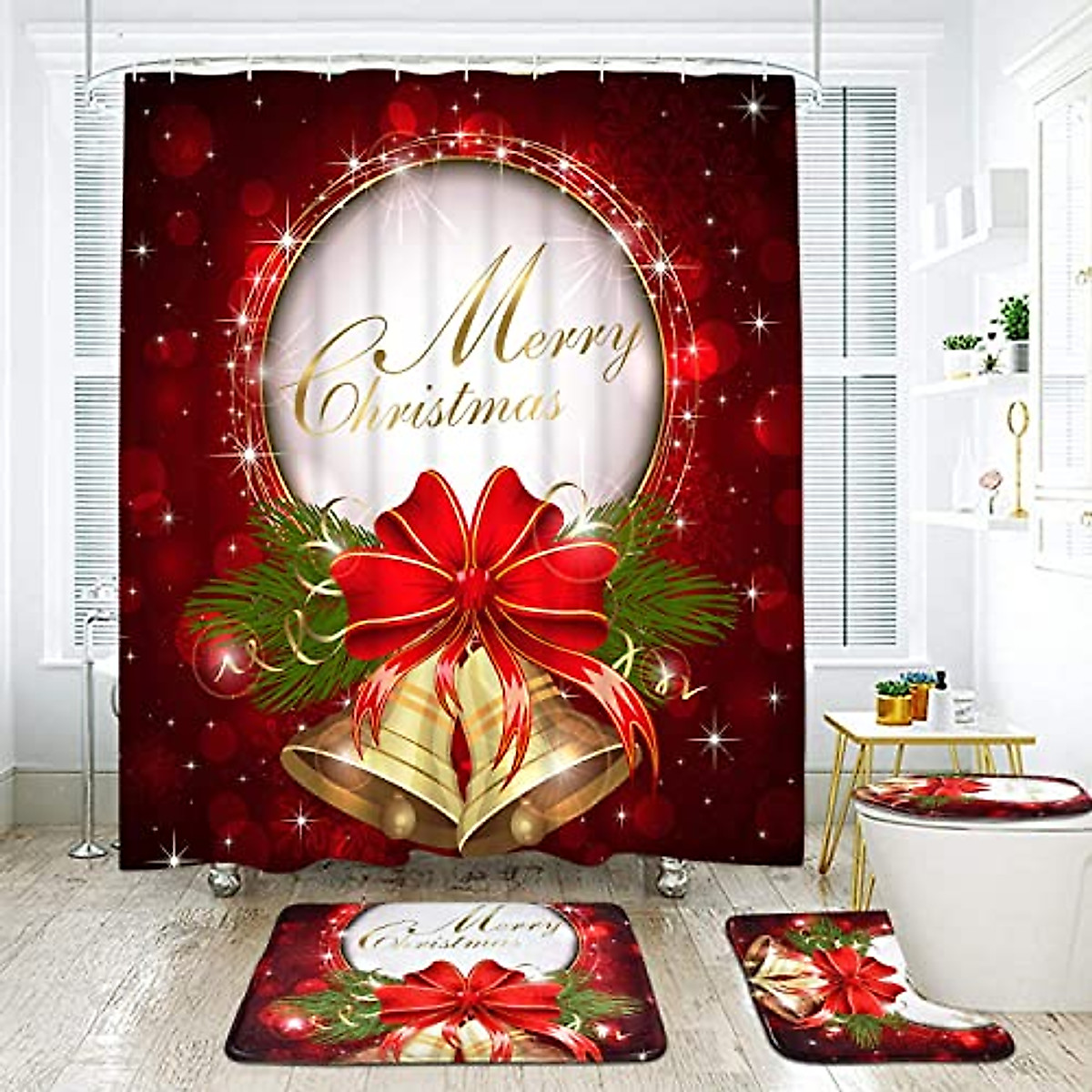 Merry Christmas Shower Curtain Sets with Non-Slip Bathroom Rugs, Toilet Lid Cover, Bath Mat and 12 Hooks, Xmas Red Bell Bow Bathroom Sets with Shower Curtain and Rugs for Christmas Decoration
