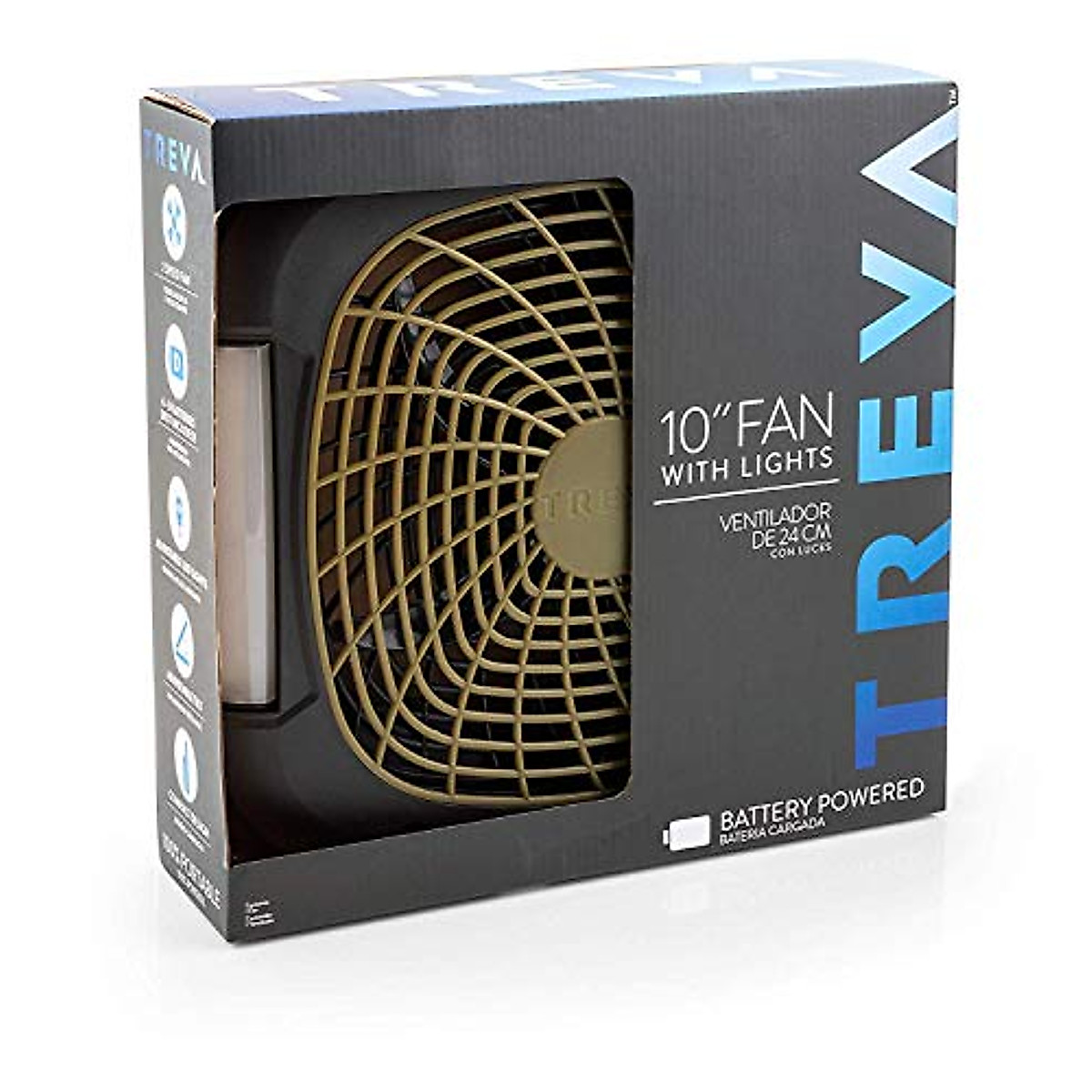 Treva 10-Inch Portable Desktop Air Circulation Battery Fan, 2 Speed, Compact Folding & Tilt Design Fan With Adjustable LED Lights