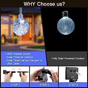 White String Lights Solar/USB Powered, 60LEDs 26Ft Crystal Globe Fairy Lights with Multi-Modes & Waterproof Function for Outdoor Garden & Indoor Room Decor