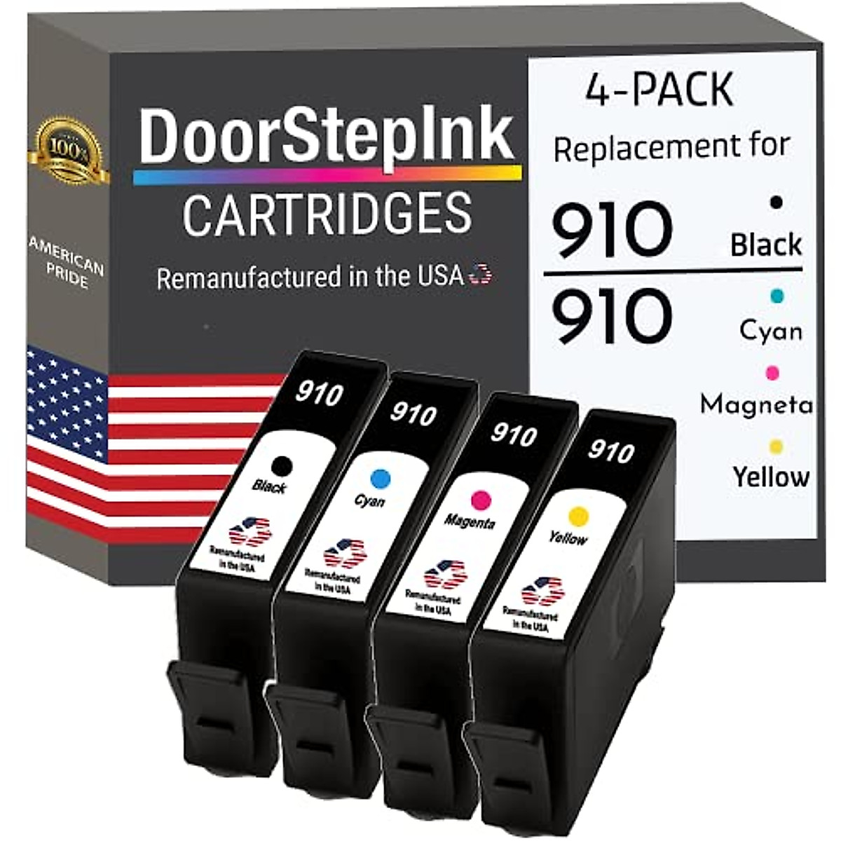 DoorStepInk Remanufactured in The USA Ink Cartridge Replacements for HP 910 Black Cyan Magenta Yellow 4 Pack for Printers Officejet Pro 8010 Series 8012 8014 8015 8020 8021 8022 8025