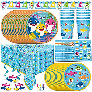 Baby Shark Birthday Decorations Set | Baby Shark Party Supplies | For Boys and Girls | With Banner, Tablecloth Table Cover, Dinner Plates, Cake Plates, Cups, Napkins, Sticker | Serves 16 Guests