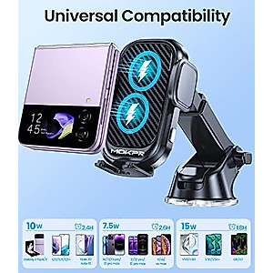 MOKPR Dual Coils Wireless Car Charger, [2023 Upgraded ] 15W Car Phone Fast Charging Mount, Dash Windshield Air Vent Wireless Auto-Clamping Phone Holder for Samsung Z Flip 4 3, iPhone 14 13 12 11 etc