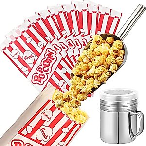 Potchen 402 Pcs Popcorn Machine Supplies Set Including Stainless Steel Popcorn Scoop, 400 Pcs 1oz Popcorn Bags Bundle and Popcorn Shaker Dredge with Handle for Commercial and Home Use