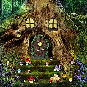 Jetec 21 Pieces Fairy Door and Window, Trees with 2 Window and Light Yard Sculpture Decoration for DIY Micro Landscape Ornament Kid Room, Wall and Tree Outdoor Miniature Fairy Garden Accessories