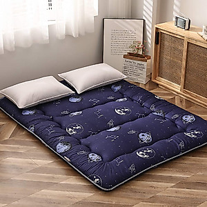 Navy Space Adventure Japanese Floor Futon Mattress, Thicken Tatami Mat Sleeping Pad Foldable Bed Roll Up Mattress Floor Lounger Bed Couches and Sofas for Kids Queen Size