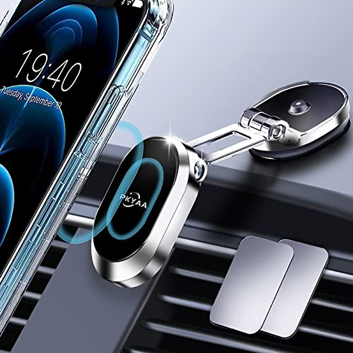 PKYAA Upgrade Foldable Magnetic Phone Holder for Car, Magnetic Car Phone Mount 360° Rotation [Powerful Magnets] Magnetic Phone Holder for Dashboard Windshield Compatible with All Smartphones