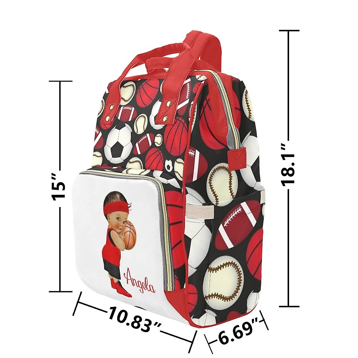 CUXWEOT Personalized Basketball Red Boy Diaper Bag with Name Nappy Bags Shoulder Daypack Mummy Backpack for Mom Girl Gift