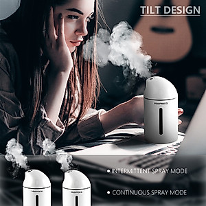 Travel Humidifiers for Hotel, 250ml Mini Humidifier for Plants, USB Personal Small Desktop Humidifier for Baby Bedroom Home Office Car with 7 Colors LED Light, 2 Mist Modes, Super Quiet, White