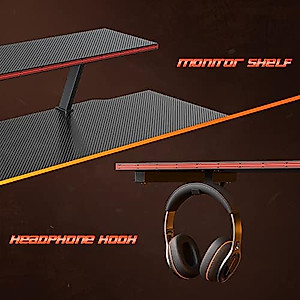CubiCubi Flame Gaming Desk 50.4” with LED Strip & Monitor Stand, L Shaped Computer Desk Carbon Fiber Surface Gaming PC Table