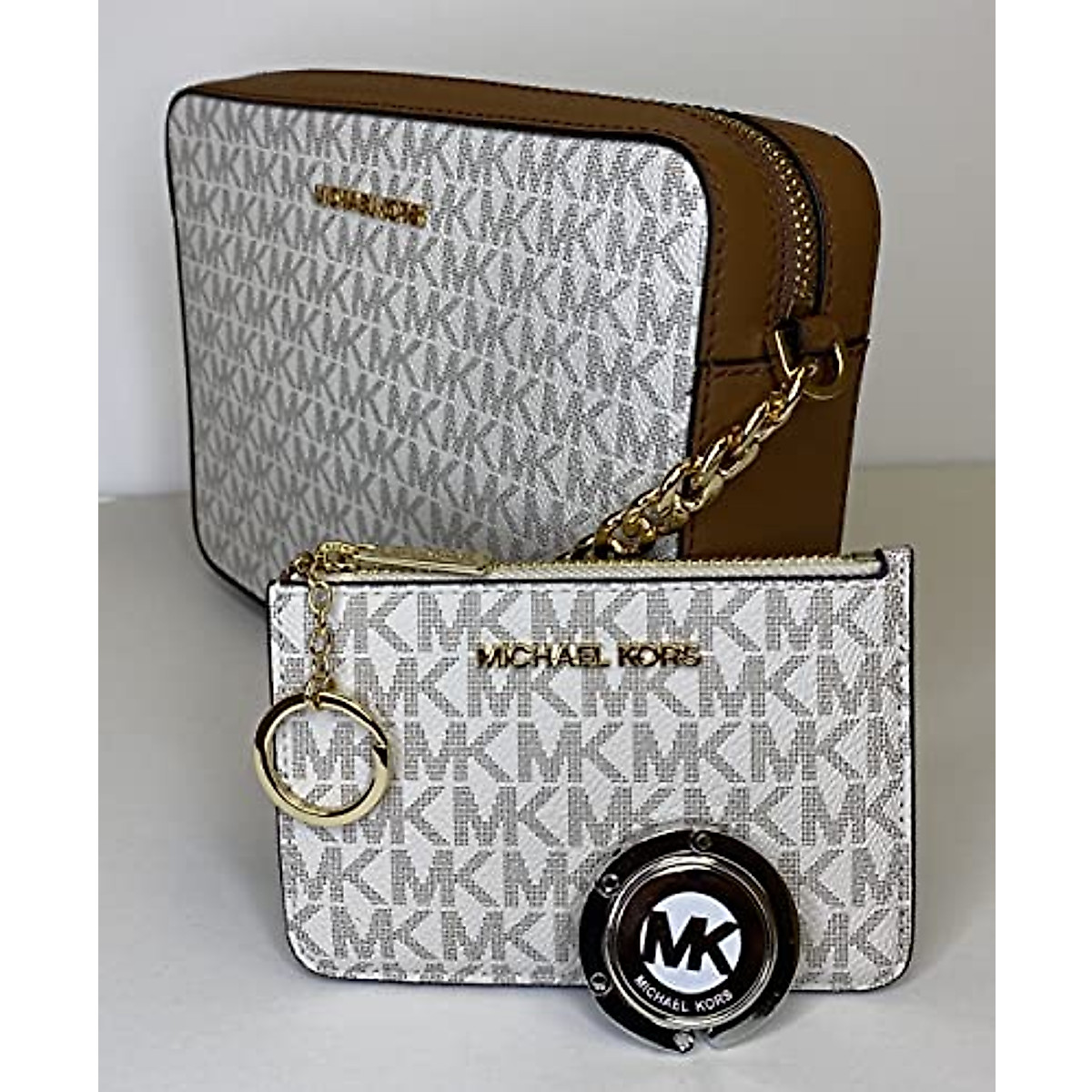 Michael Kors MICHAEL Michael Kors Jet Set Travel Large EW Crossbody bundled with SM TZ Coinpouch Wallet Purse Hook (Signature MK Vanilla)