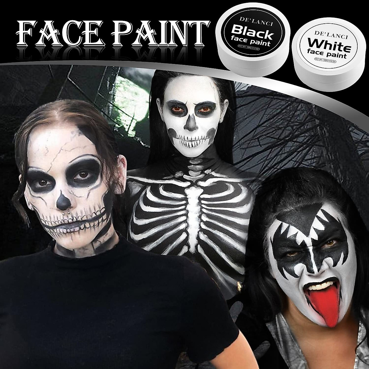 ecofavor Black White Face Paint Body Painting, 2 PCS Pro White+Black Face Body Paint Oil Based Cream Palette Kit for Art Theater Halloween Party Cosplay Clown SFX Makeup for Kids Adults (200g/7.06oz)