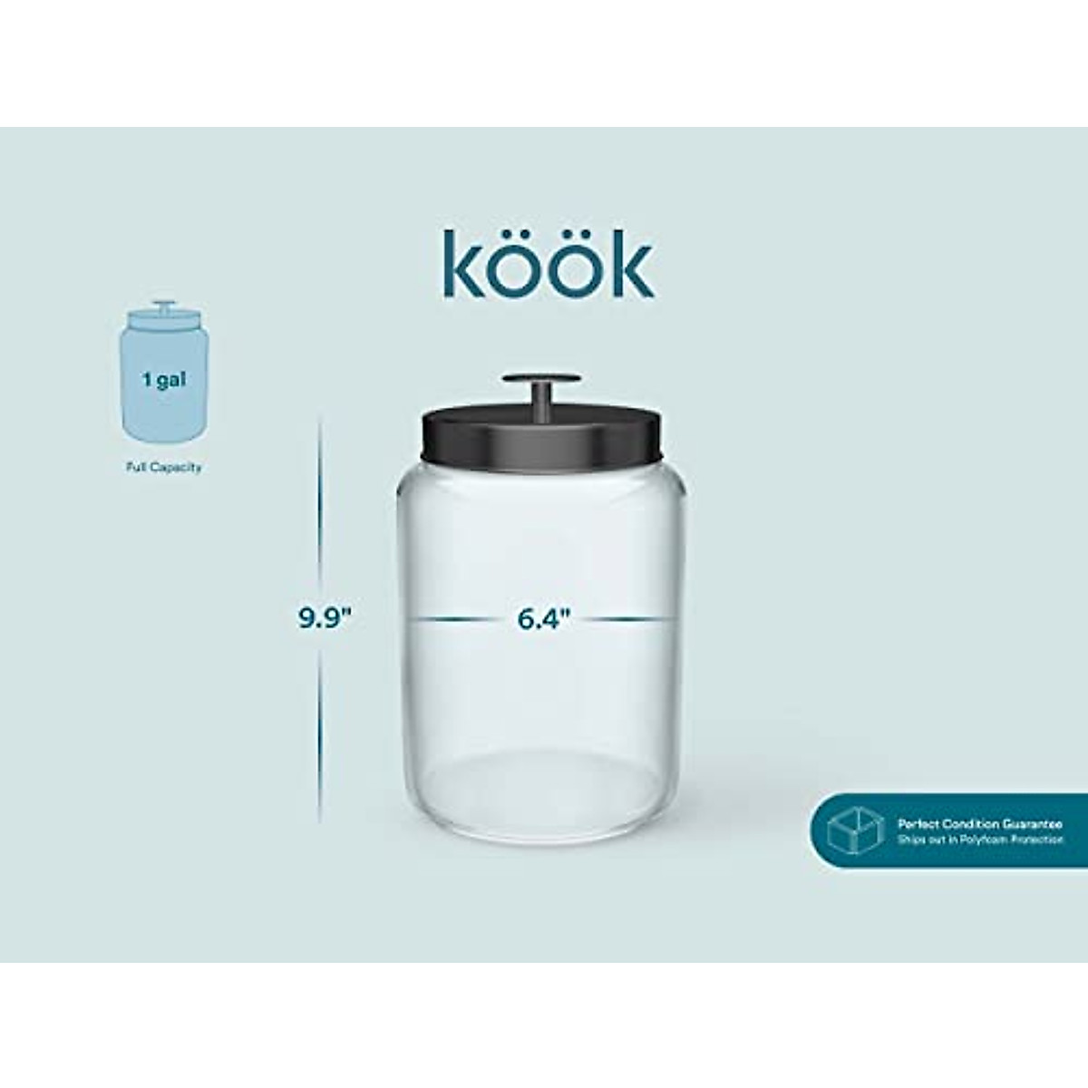 Kook Glass Large Kitchen Canister Set, Food Storage Containers, Bathroom Jars, Airtight Lids, 3.7 Liters, .98 gallons, Set of 2 (Black)