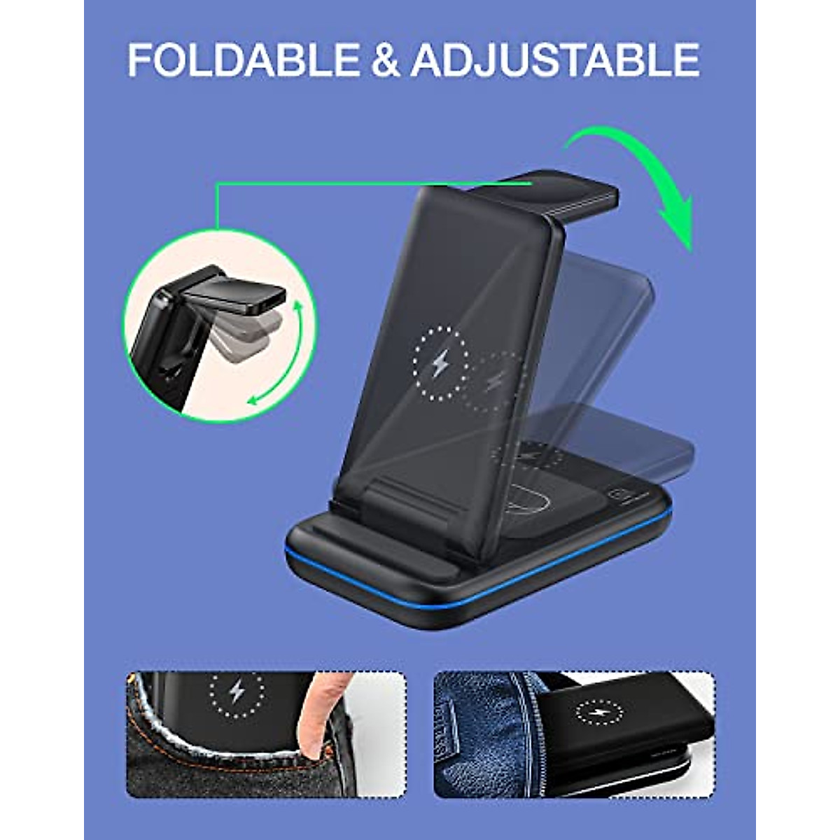 Wireless Charging Station for Samsung Galaxy Phone/Watch/Buds, 3 in 1 Foldable Charging Stand for Samsung S23 Ultra/S22/S21/S20/Note20/10/Galaxy Watch5/4/3/Classic/Active Buds+/Live with 18W Adapter