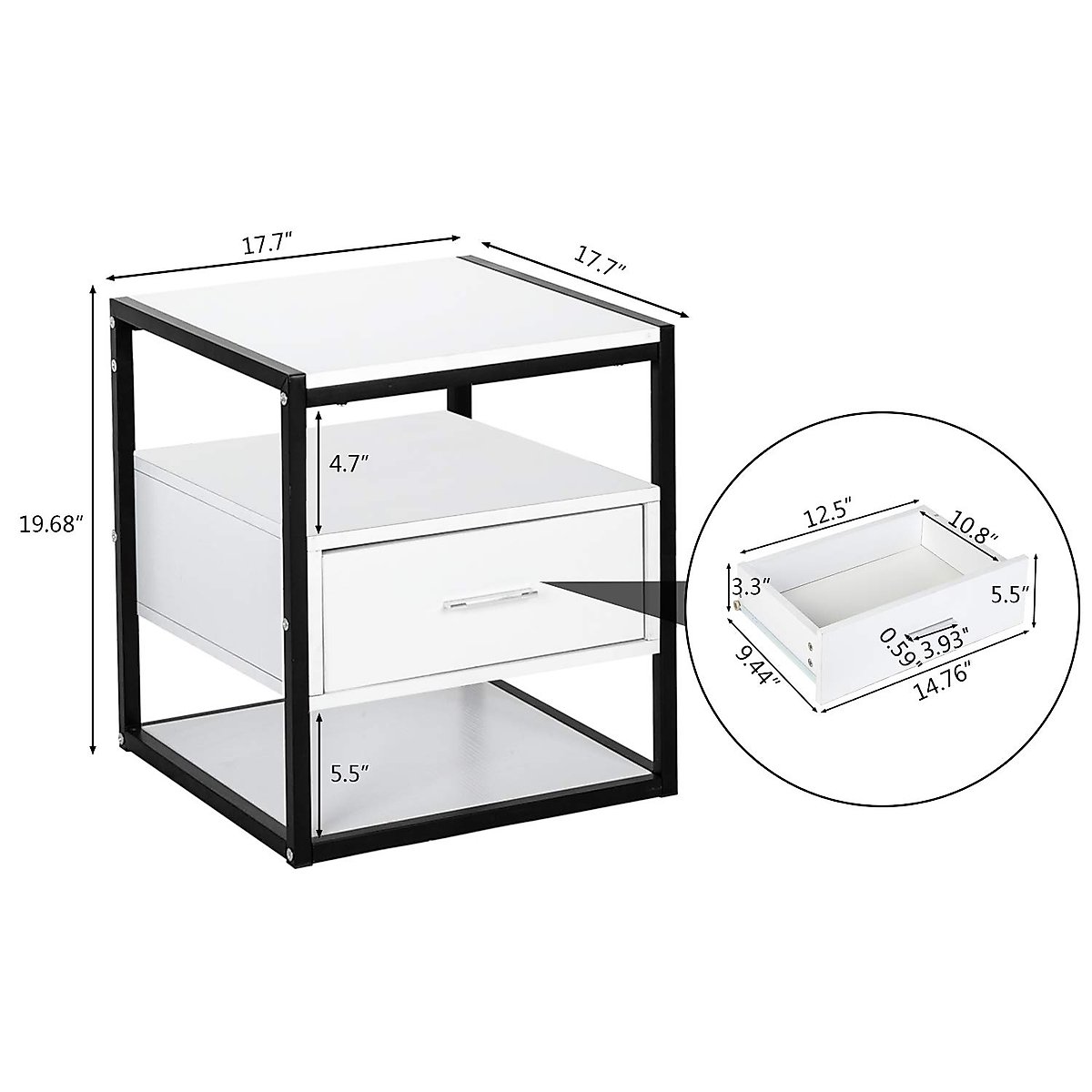 Nightstand Set of 1 with Drawer Modern Square End Side Table for Storage, Open Shelf in Bedroom, Living Room, Small Space, Stable Metal Frame, White