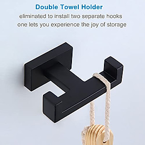 Aomasi Double Coat Hook, Stainless Steel Towel Robe Hook Kitchen Toilet Bathroom Accessories Dual Holder Heavy Duty Wall Mount, Matte Black