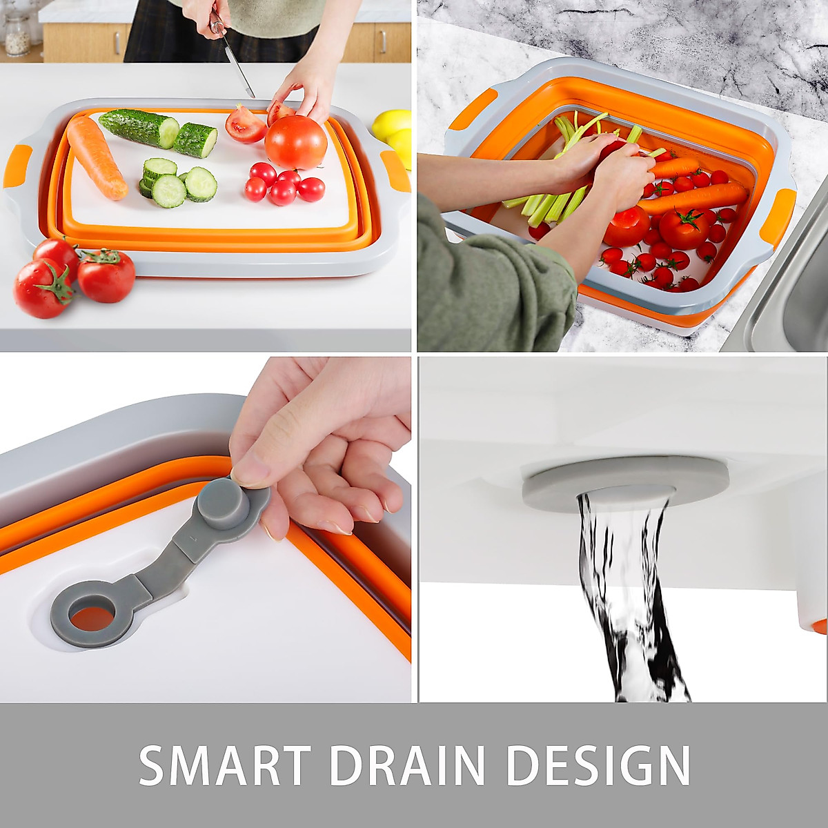 Large Collapsible Cutting Board(4.22 Gal/16L), Foldable Camping Sink with Colander, BBQ Prep Tub with Lid, Multifunction Dish Basin for Kitchen, Bowl, Vegetable and Fruit, Storage Basket for Picnic