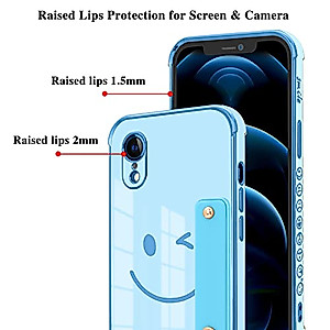 Uioeua Compatible with iPhone XR Case with Smiley Face Pattern,Soft TPU Cute Plating Wristband Holder Case Camera Lens Protection Side Small Pattern Shockproof Wrist Strap Case Women Girls-Sky Blue
