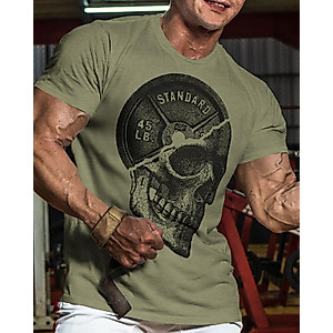 Gymish Lifestyle Skull Plate Gym Shirt, Work Out Deadlift Skull T-Shirt for Men (LG, SkullPlate Military Green)
