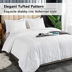 Andency White Queen Size Comforter Set, 3 Pieces Boho Tufted Striped Bedding Comforter Set for Queen Bed, All Season Lightweight Soft Fluffy Microfiber Bed Set