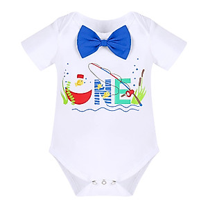 The Big One Birthday Outfit Baby Boys Bowtie Romper Suspenders Shorts Hat Gone Fishing Themed First Birthday Party Supply O-Fish-Ally One Cake Smash Photo Shoot # Royal Blue - Fish One 12-18 Months